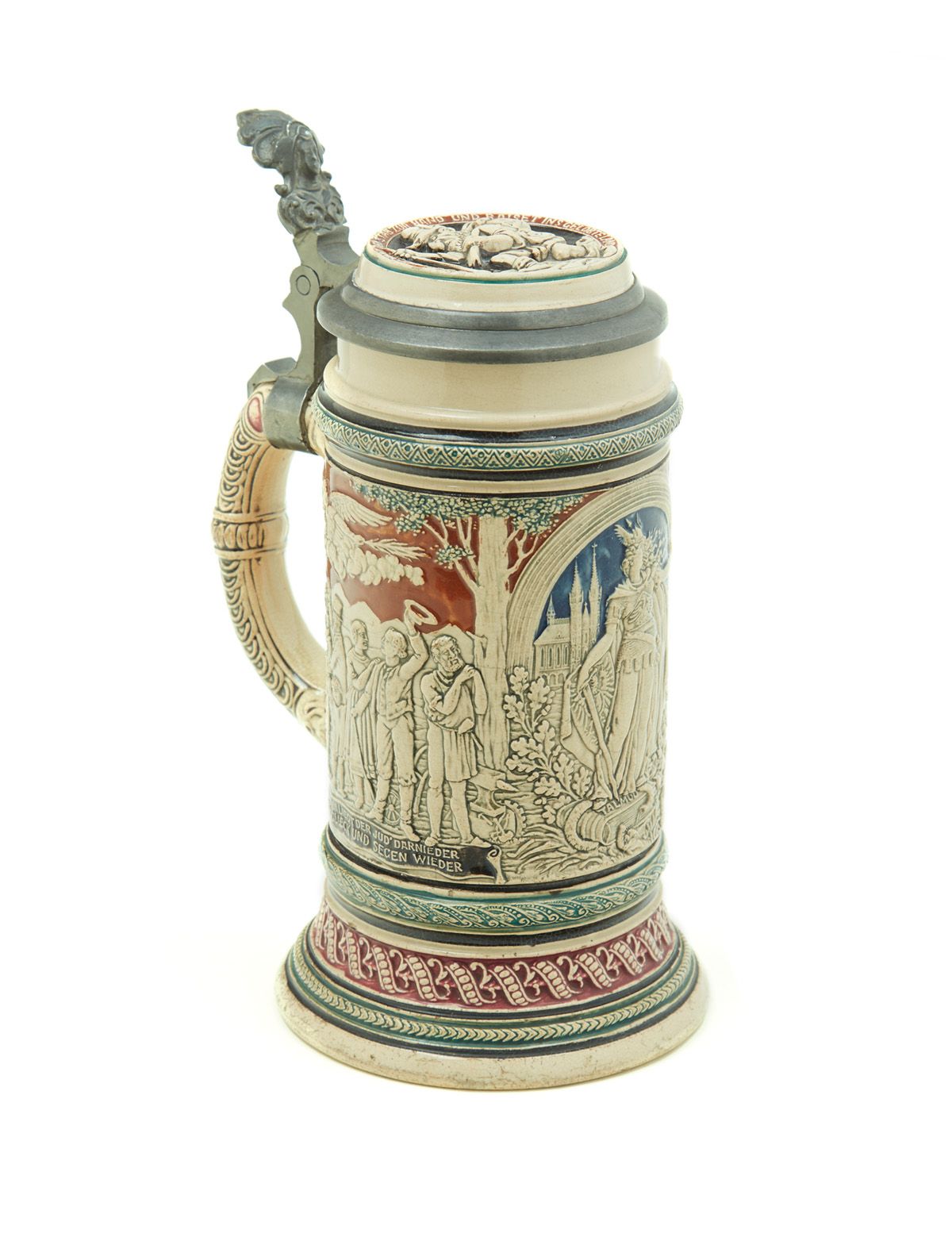 Cylindrical, off-white glazed ceramic stein with a bas-relief design ...
