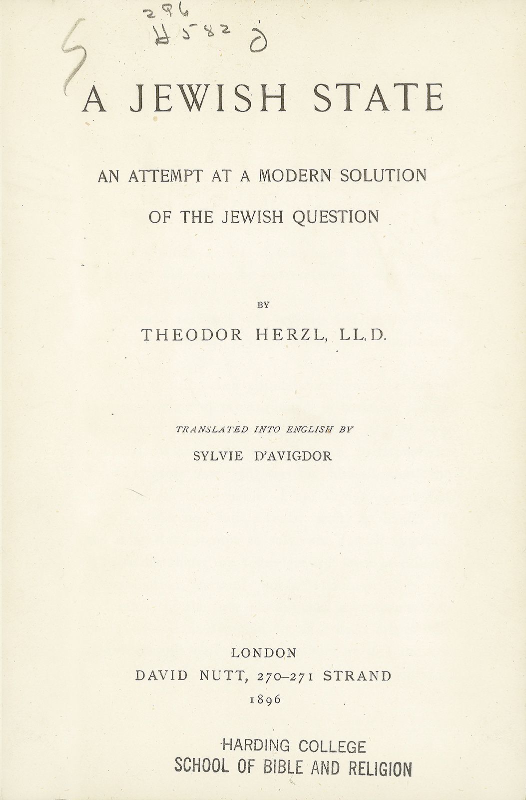 Theodor Herzl. A Jewish State. An Attempt at a Modern Solution of the ...